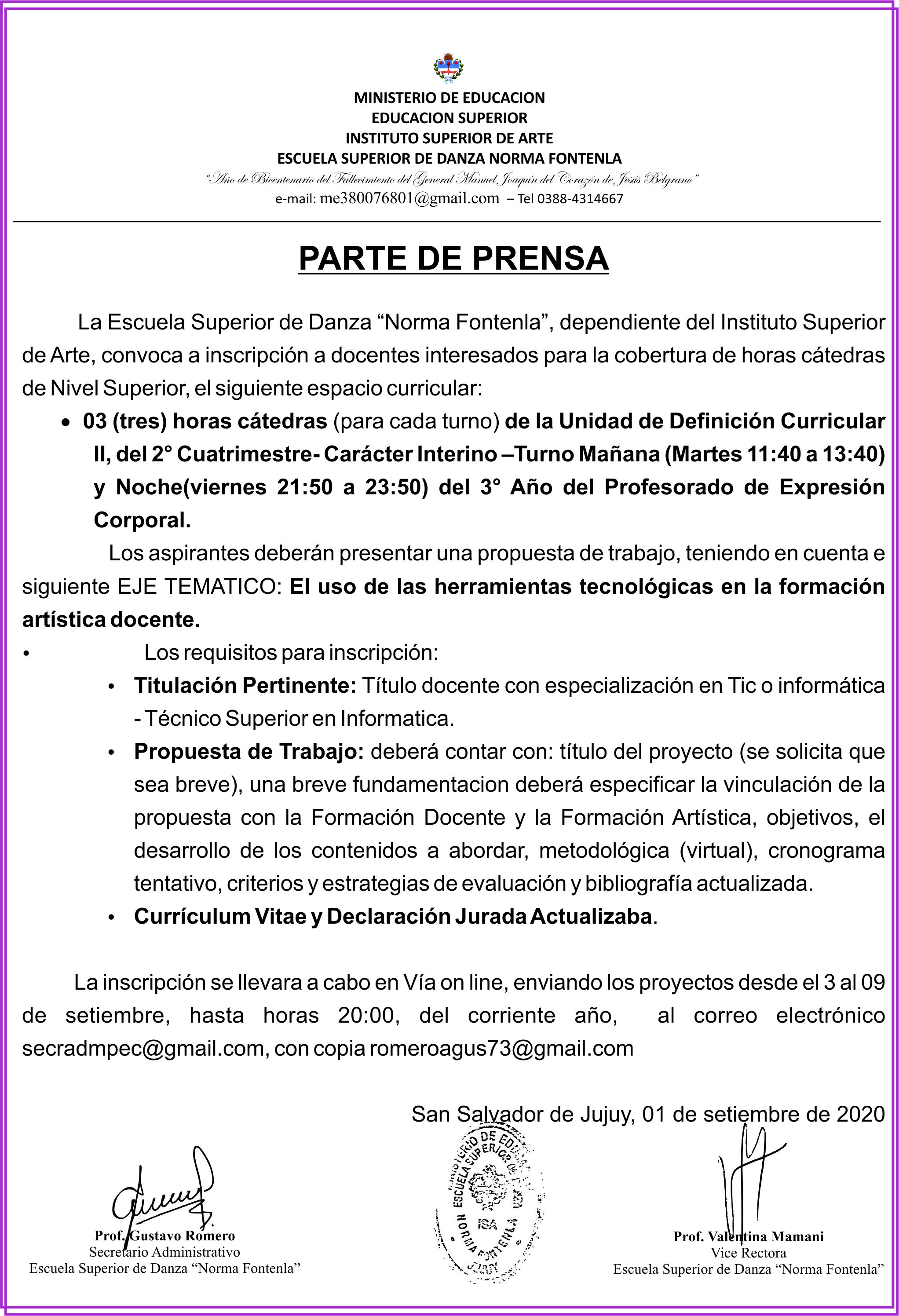 Partes de Prensa – ESCUELA SUPERIOR DE DANZA "NORMA FONTENLA ...